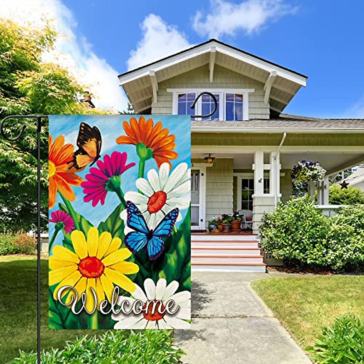 WODISON Welcome Floral Spring Summer Garden Flag, Butterfly Flowers Daisy Burlap Flag 12" x 18" Double Sided, Seasonal Outdoor Decoration For Yard Home (ONLY FLAG)