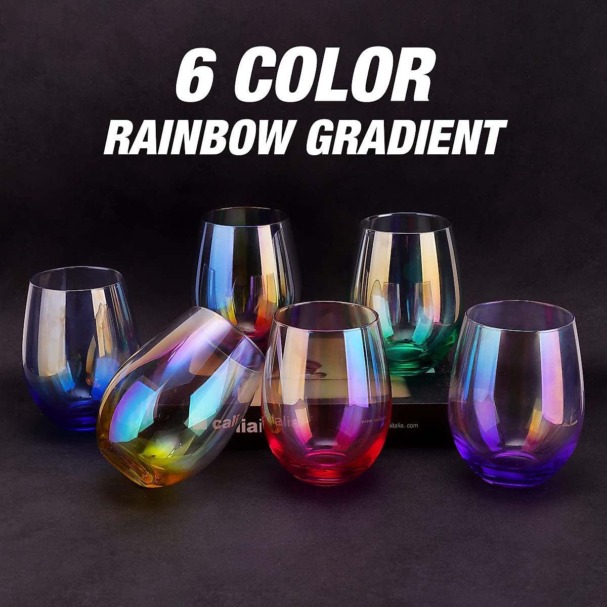 NiHome Stemless Wine Glasses 20oz 6-Pack Iridescent Gradient Rainbow Colors Large Water Glasses Margarita Glassware Set Wine Drinking Tumblers