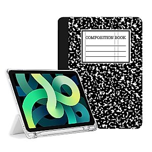 WUJULEO for iPad Air 5th Generation Case 2022/2020 iPad Air 4th Generation Case 10.9 inch, Frosted Silicone Soft Back Cover with Pencil Holder, Trifold Stand Auto Sleep/Wake, Composition Book Black