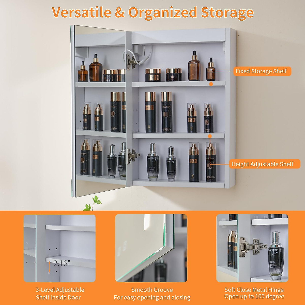 VINGLI LED Lighted Medicine Cabinet with Intelligent Mirror, Bluetooth Speaker, Weather & Temp Display, Dimmable, Anti-Fog, Built-in Outlet & USB, 3-Door Bathroom Mirror Cabinet,48 Inch