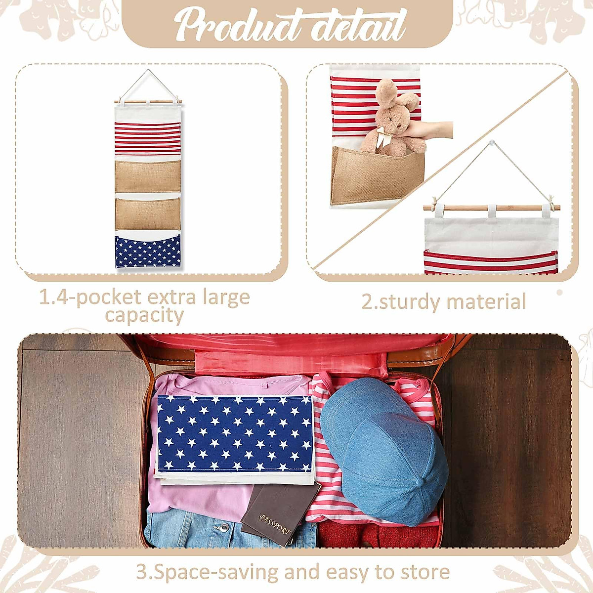 Juexica Fish Extender 32.3 x 13.2 Inch Hanging Pockets 4 Pocket Innovation Storage Bag Hanging Organizer Linen Cotton Wall Hanging Storage Bag for Cruise Cabin Door Closet Gifts(1 Pcs)
