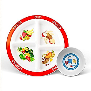 Health Beet Choose MyPlate Portion Plate for Kids, Toddlers - Kids Nutrition Plates with Dividers Plus Dairy Bowl from (English language, Plate with Dairy Bowl)