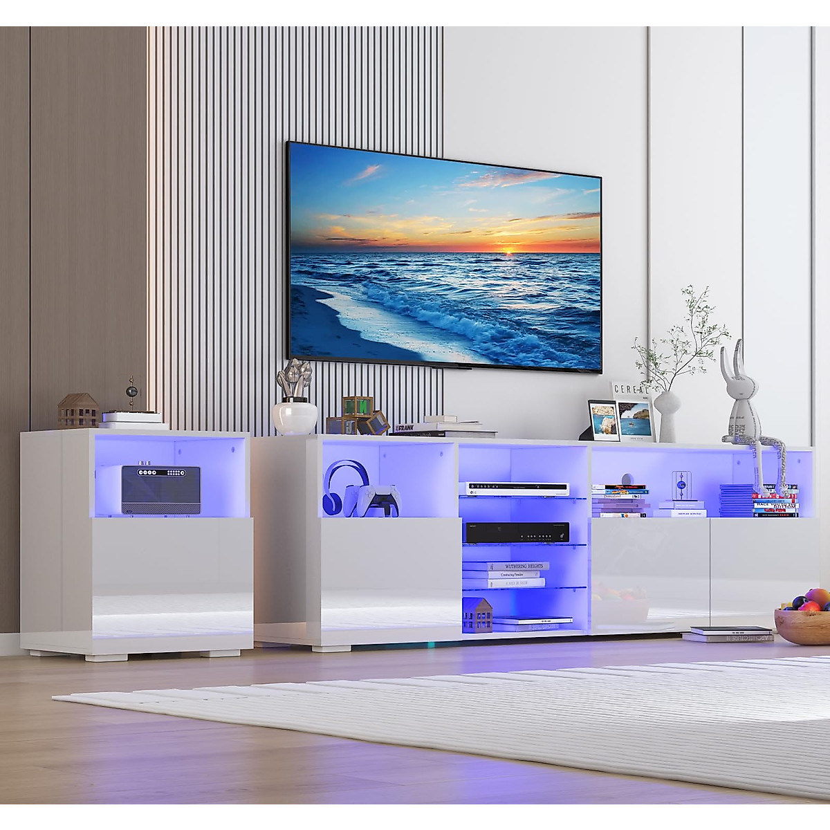 jiteentarou 79IN LED TV Stand for 75/80/85inch TV,High Glossy Modern TV Stand for Living Room,TV Entertainment Center with Adjustable Storage Shelf,RGB LED Lighting,TV Console(White)