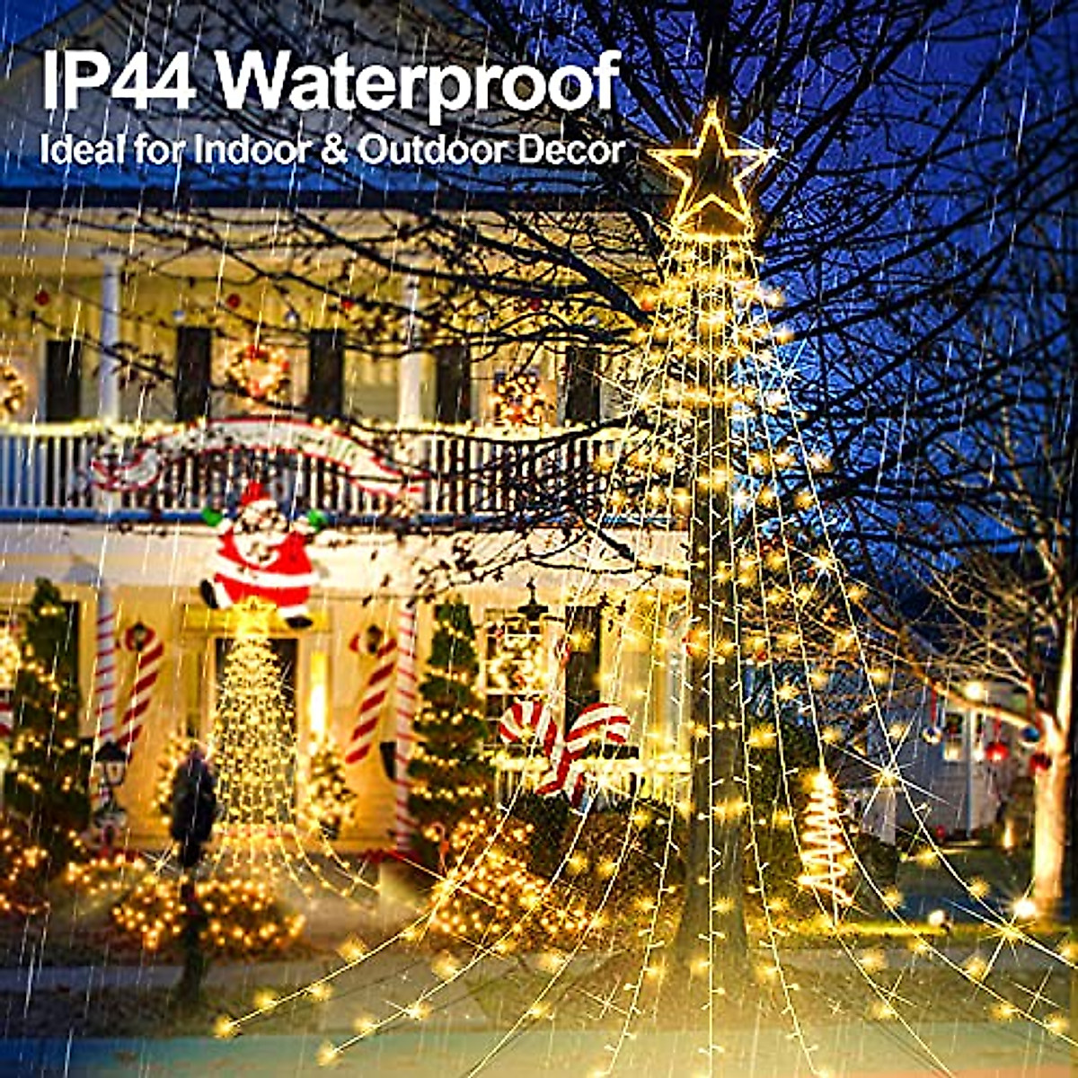 Outdoor Christmas Lights Star Curtain Lights Christmas Tree String Lights Plug in 335 LED with Topper Star Waterfall Hanging Lights Warm White & Multi-Color Changing for Xmas Gazebo Garden Yard Decor