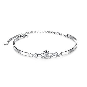 FLYOW 925 Sterling Silver Ireland Jewelry Adjustable Celtic Claddagh Bracelet Good Luck Irish Gifts for Women Birthday Valentine's Day Gifts