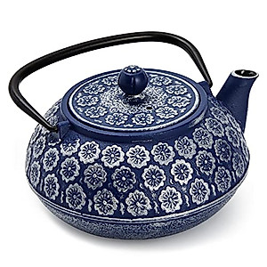 Blue Cast Iron Chinese Teapot with Infuser for Loose Leaf Tea, Includes Handle and Removable Lid (34oz)