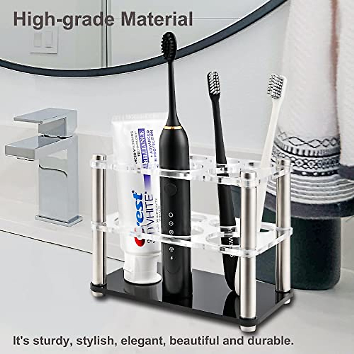 FAIBAEELLY Toothbrush Holders for Bathrooms, Premium Acrylic Stainless Steel Toothbrush and Toothpaste Holder, Open Design Multifunctional Bathroom Counter Organizer, Clear/Black/Silver