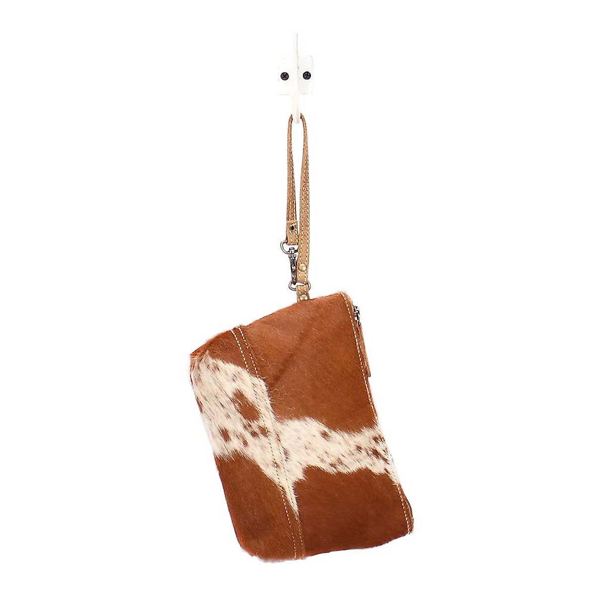 Myra Bag Snowy & Cocoa Upcycled Canvas & Cowhide Wristlet Pouch Bag S-1471