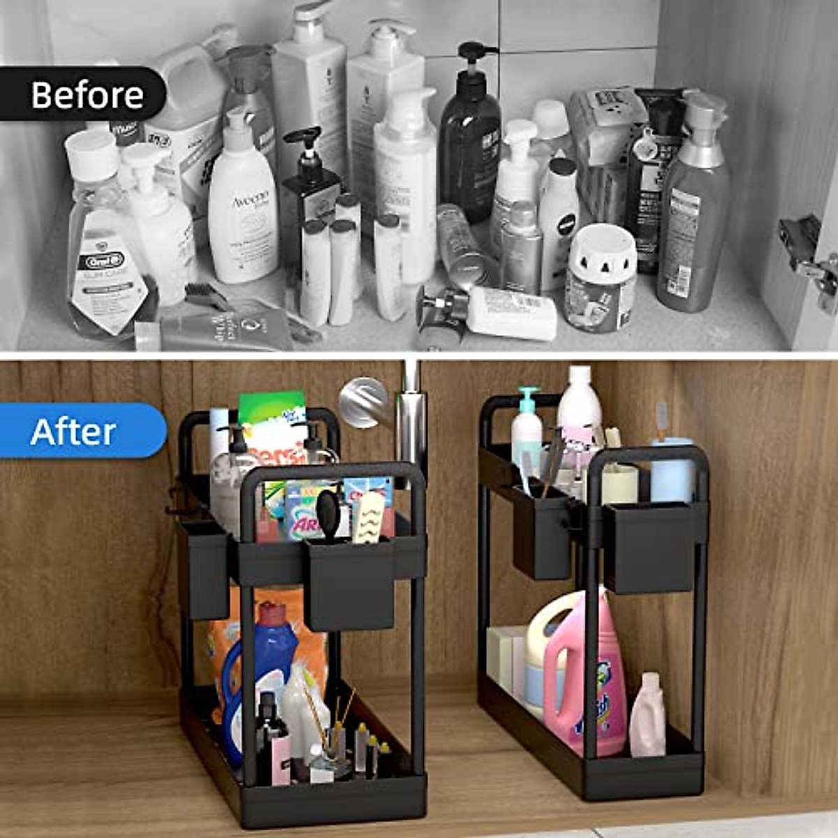 PdMiBS 2PCS Under Sink Organizers and Storage,Bathroom Organizers Under Sink ,2Tier Kitchen Countertop Organizer Under Sink Shelf with Handle for Bathroom,Kicthen