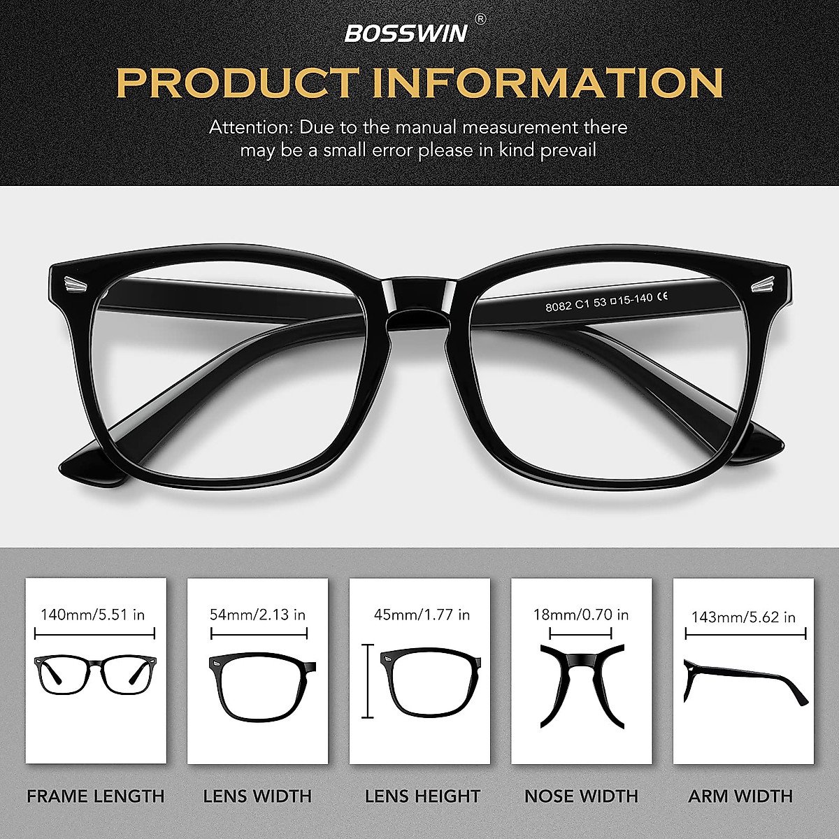 BOSSWIN - 5Pack Blue Light Blocking Glasses Square Nerd Eyeglasses Frame for Men and Women, Anti Eyestrain Reading Computer Gaming Glasses Non Prescription
