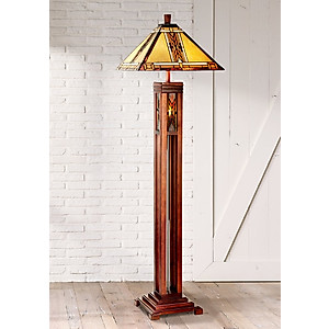 Robert Louis Tiffany Mission Rustic Tiffany Style Floor Lamp with Night Light 62.5" Tall Walnut Wood Column Square Geometric Stained Glass Shade Decor for Living Room Reading House Bedroom