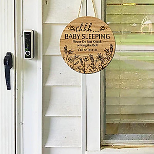 Shhh... Baby Sleeping Hanging Sign Plaque, Do Not Knock Or Ring The Bell, Round Rustic Wooden Door Hanger for Baby Room, Nursery, Kindergarten, Bedroom, Door Knob Door Bell Decor