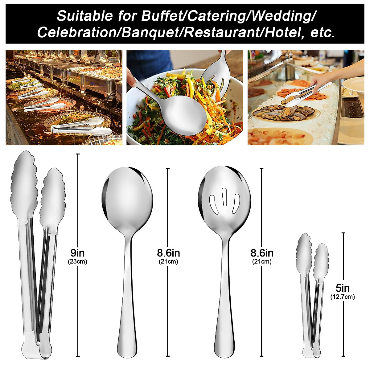 12PCS Stainless Steel Serving Utensils Sets - Large Serving Spoons,Slotted Spoons,Serving Tongs,Appetizer Tongs,Utensills Sets for Buffet Catering Banquet Party (Silver)