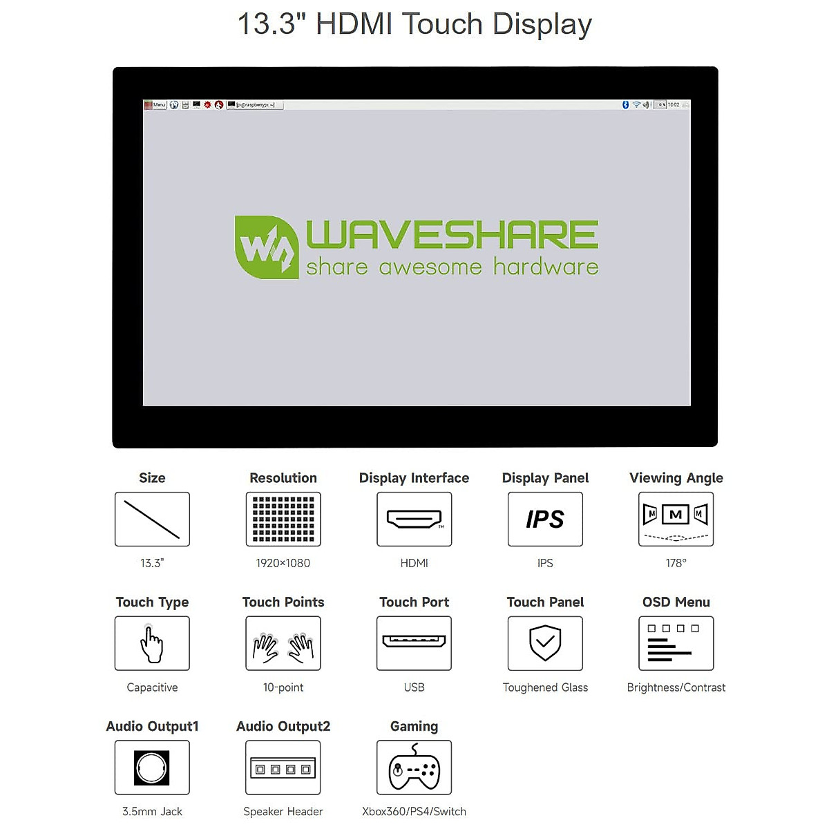 waveshare 13.3inch Capacitive Touch Screen LCD Compatible with Raspberry Pi 4B/3B+/3A+/2B/B+/A+/Zero/Zero W/WH/Zero 2W CM3+/4 1920×1080 Resolution HDMI IPS Supports Jetson Nano/Windows