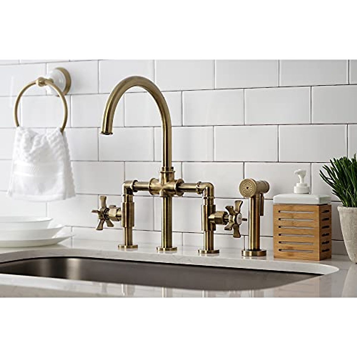 Kingston Brass KS2333NX Hamilton Bridge Kitchen Faucet, Antique Brass, 13.88 x 8.06 x 14.19