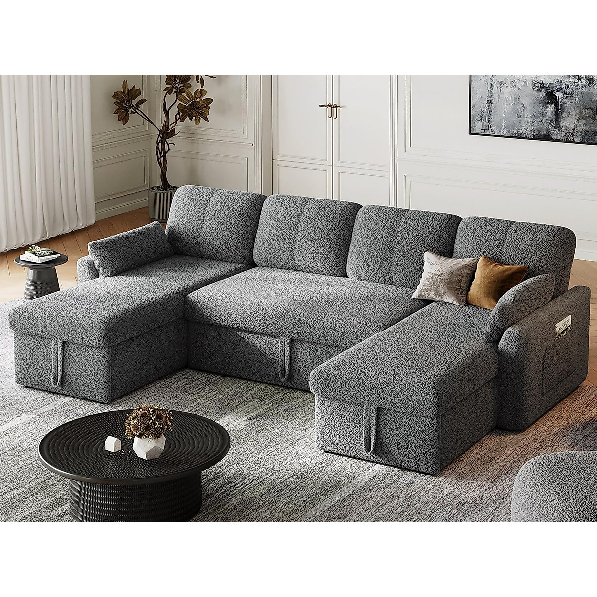 YITAHOME 105" Oversized Sleeper Sofa, 2 in 1 Convertible Sofa Bed with Pull Out Couch Bed and Dual Storage Chaise, U-Shape Sectional Sofa for Living Room, Teddy Fleece, Grey