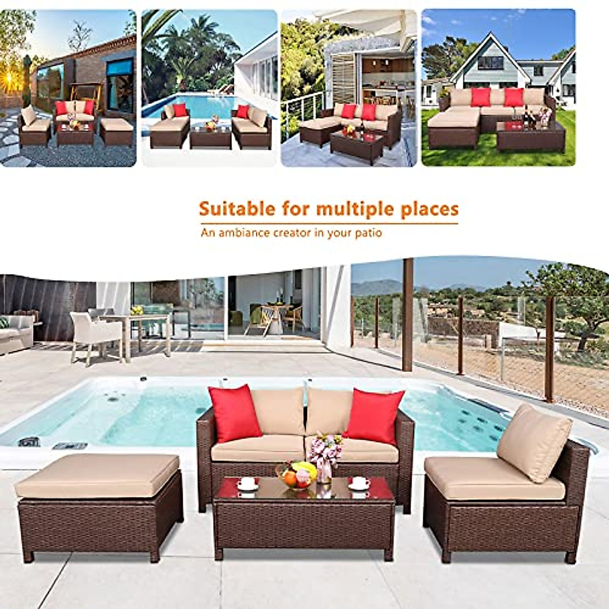 L-DREAM 5-Piece Set Rattan Sofa for Outdoor Patio Furniture Set, Brown PE Rattan Wicker Sofa Set, with Beige Seat Cushions and Rectangular Coffee Table, Garden Furniture (Color : Brown)