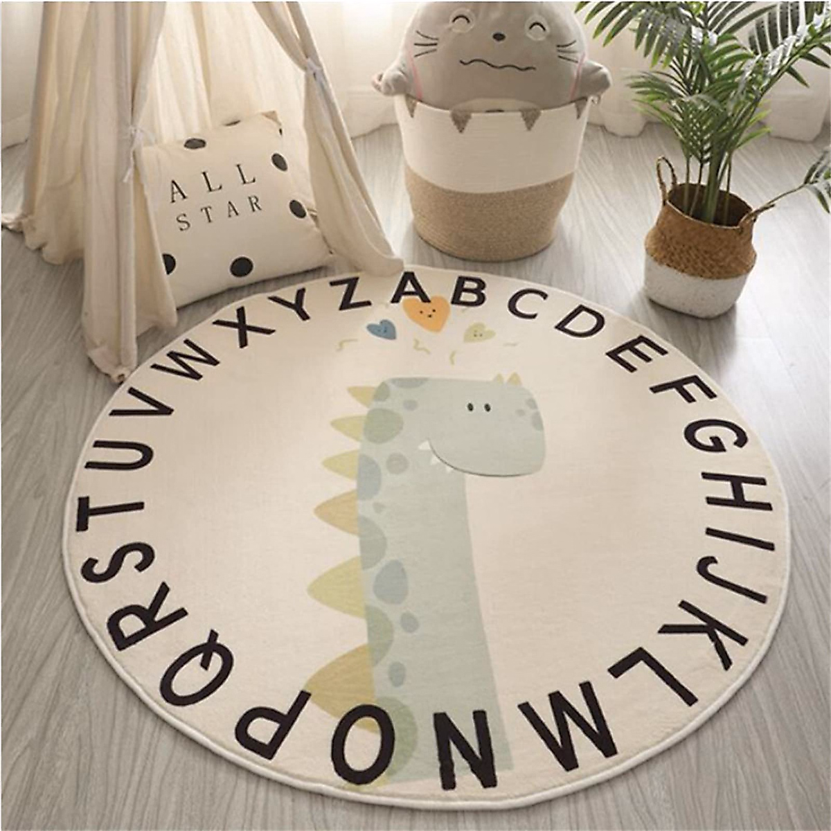 ABC Round Rug for Kids Soft Alphabet Nursery Area Rug Boys Girls Educational Learn Fun Rug Play Mat Baby Crawling Mat Carpet for Kids Room Bedroom Living Room Decor (Dinosaur, 39 inch)