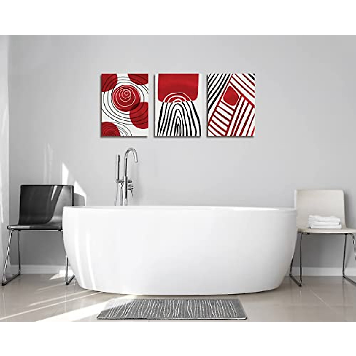 Red Theme Abstract Boho Wall Art Decor Black and White 3 Pieces Stretched and Framed Canvas Painting Black Ink Geometry Wall Art for Living Room Home Office Bathroom Bedroom Wall Decor 12"x16"x3