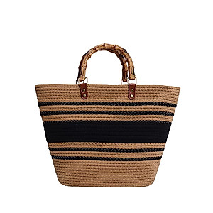 OWGSEE Straw Beach Bag, Straw Tote Bag for Women with Bamboo Handles Summer Vacation Woven Beach Bag Shoulder Handbag (Khaki)