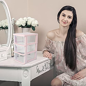 DOITOOL Three- Layer Storage Drawers- Transparent Plastic Drawers Organizer- Multifunction Plastic Drawers Kitchen Pantry Storage Cabinet for Kitchen, Bathroom, Vanity, Desk ( Pink )