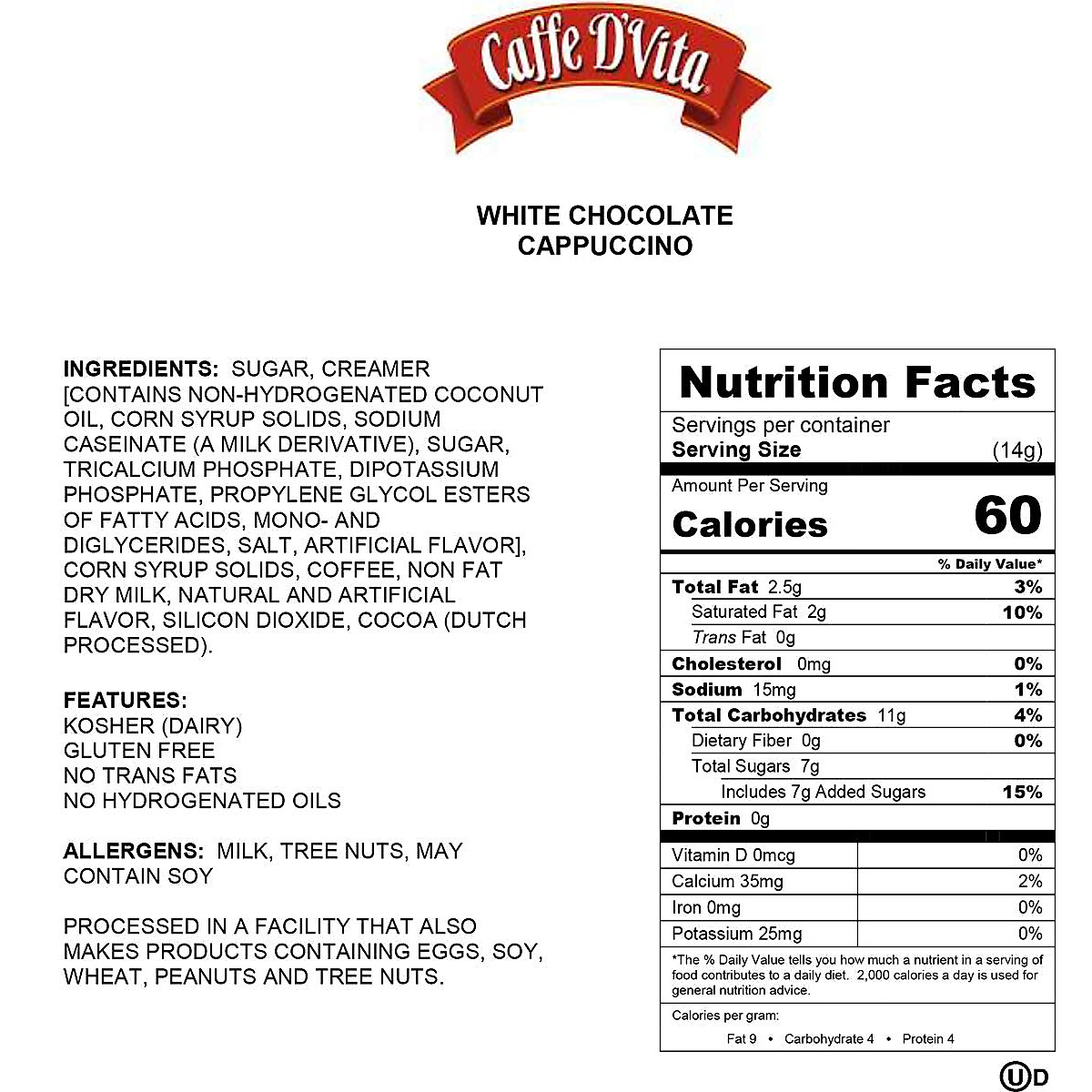 Caffe D'Vita Cappuccino Assortment (White Chocolate, English Toffee, Hazelnut, Mocha, French Vanilla, Caramel) - Instant Cappuccino Mix, Gluten Free - 0.5 oz each, 18 Packets, 6 of Each Flavor