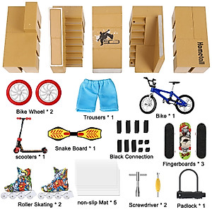 HOMETALL Fingerboard Skatepark Set 5Pcs with 13Pcs Mini Finger Toy Set Including Finger Skateboards, Finger Bike, Fingerboard Skate Park Skateboard Ramps Rail Pack for Kids Gift