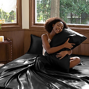 CozyLux Satin Sheets Full Size - 4 Piece Black Bed Sheet Set with Silky Microfiber, 1 Deep Pocket Fitted Sheet, 1 Flat Sheet, and 2 Pillowcases - Smooth and Soft