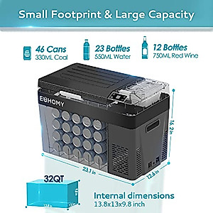 EUHOMY 12 Volt Refrigerator, 32QT（30Liter Portable Freezer Fridge, Car refrigerator with 12/24V DC & 110-240V AC, Electric Compressor Cooler for Camping, Travel, RV, Truck, Outdoor or Home use.