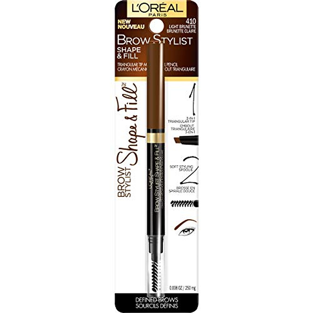 L'Oreal Paris Makeup Brow Stylist Shape and Fill Mechanical Eye Brow Makeup Pencil, Light Brunette, 0.008 oz.
