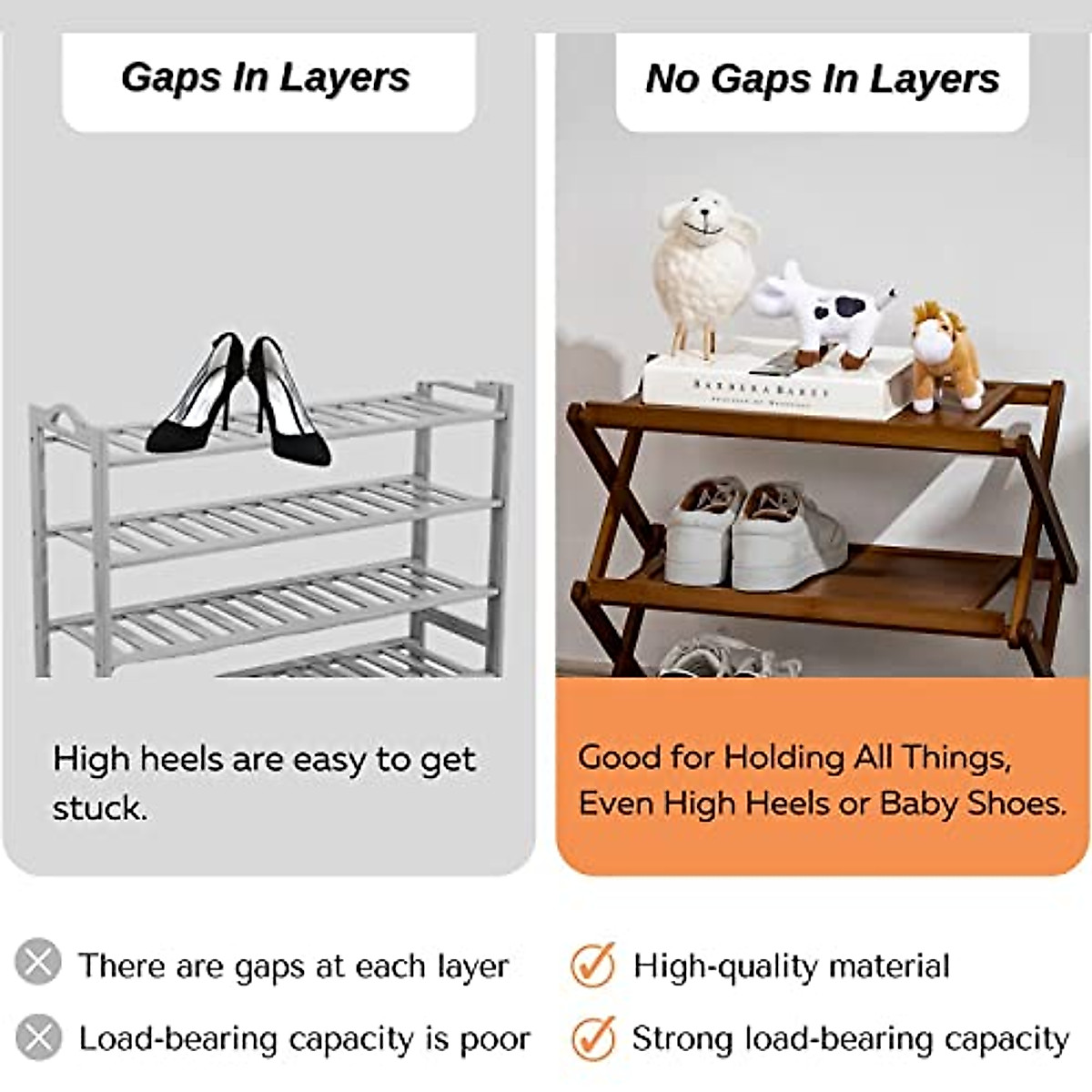 Small 3-Tier Shoe Rack for Closet & Entryway, Installation-free Foldable Bamboo Shoes Storage Organizer, Sturdy Free Standing Three Shelf Shoe Stand for 6-9 Pairs, Brown 20x17x9 Inches