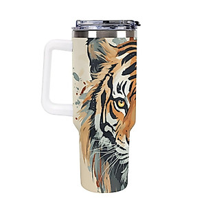 MNVTSKOP 40 Oz Tumbler With Handle And Straw White Year of The Tiger Tiger Face Printed Stainless Steel Car Cup Coffee Mug Leak Proof Insulated Water Bottle for Travel Camping Gym