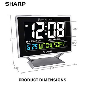 Sharp Desktop Dual Alarm Clock with Color Display - Atomic Accuracy - Calendar & Day of Week Time/Date Display