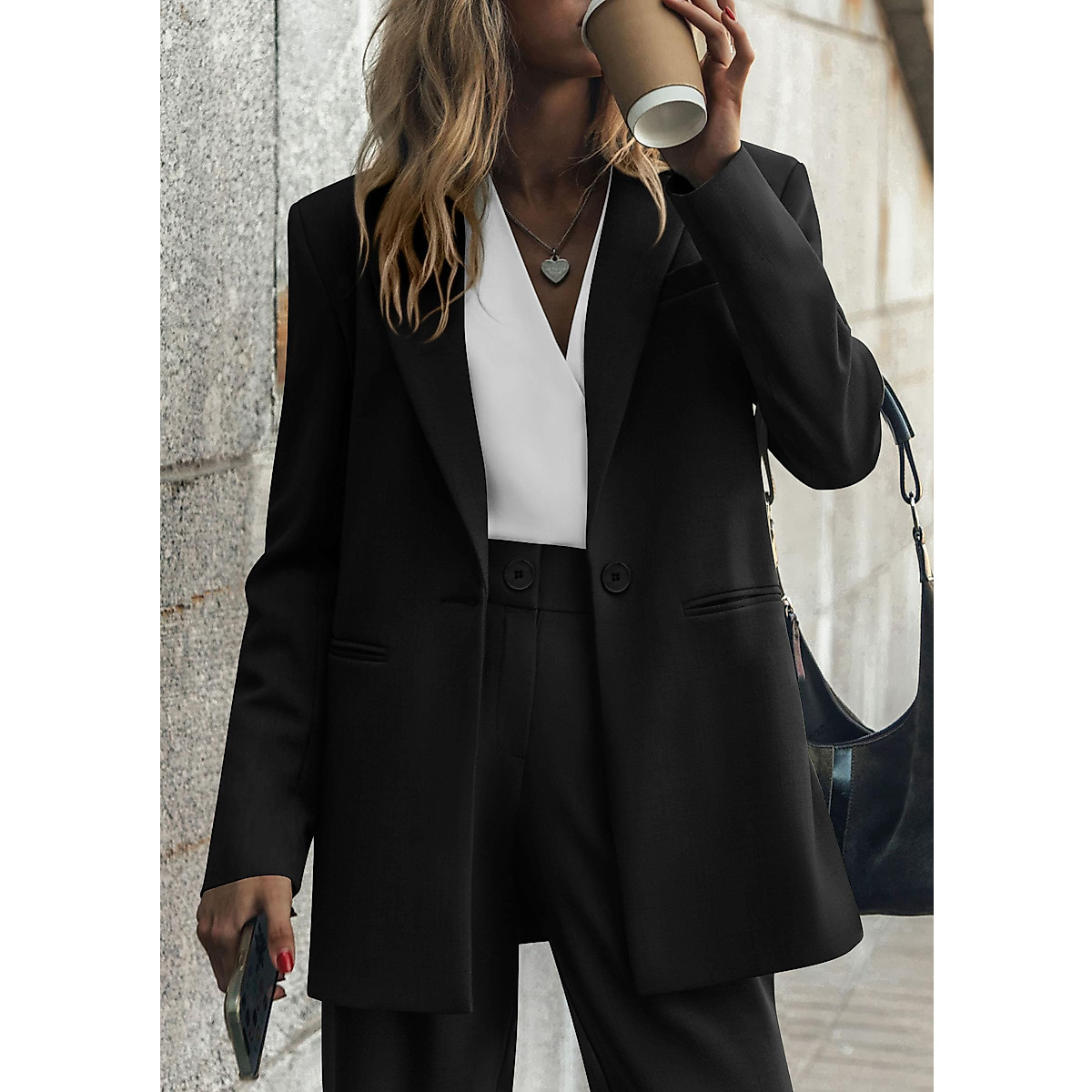 PRETTYGARDEN Women's Fall Two Piece Outfits Dressy Blazer Jacket and Wide Leg Pants Pockets Business Casual Office Suit Sets (Black,Small)