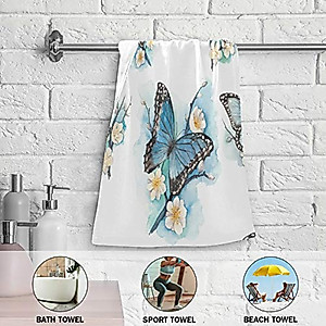 DOMIKING Decorative Hand Towels for Bathroom - Blue Butterfly Cotton Guest Towel Set of 2 Absorbent Washcloths for Hotel Gym Sports Bathroom