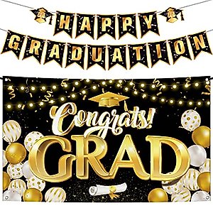Big, Congrats Grad Banner - 72x44 Inch, Black and Gold Graduation Decorations | Happy Graduation Banner 2022 - No DIY, 10 Feet | Graduation Banner for Class of 2022 Decorations | Class of 2022 Banner