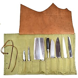 Hide & Drink, Waxed Canvas All Purpose Knife Roll (10 pockets) w/Leather Cover Handmade :: Bourbon Brown