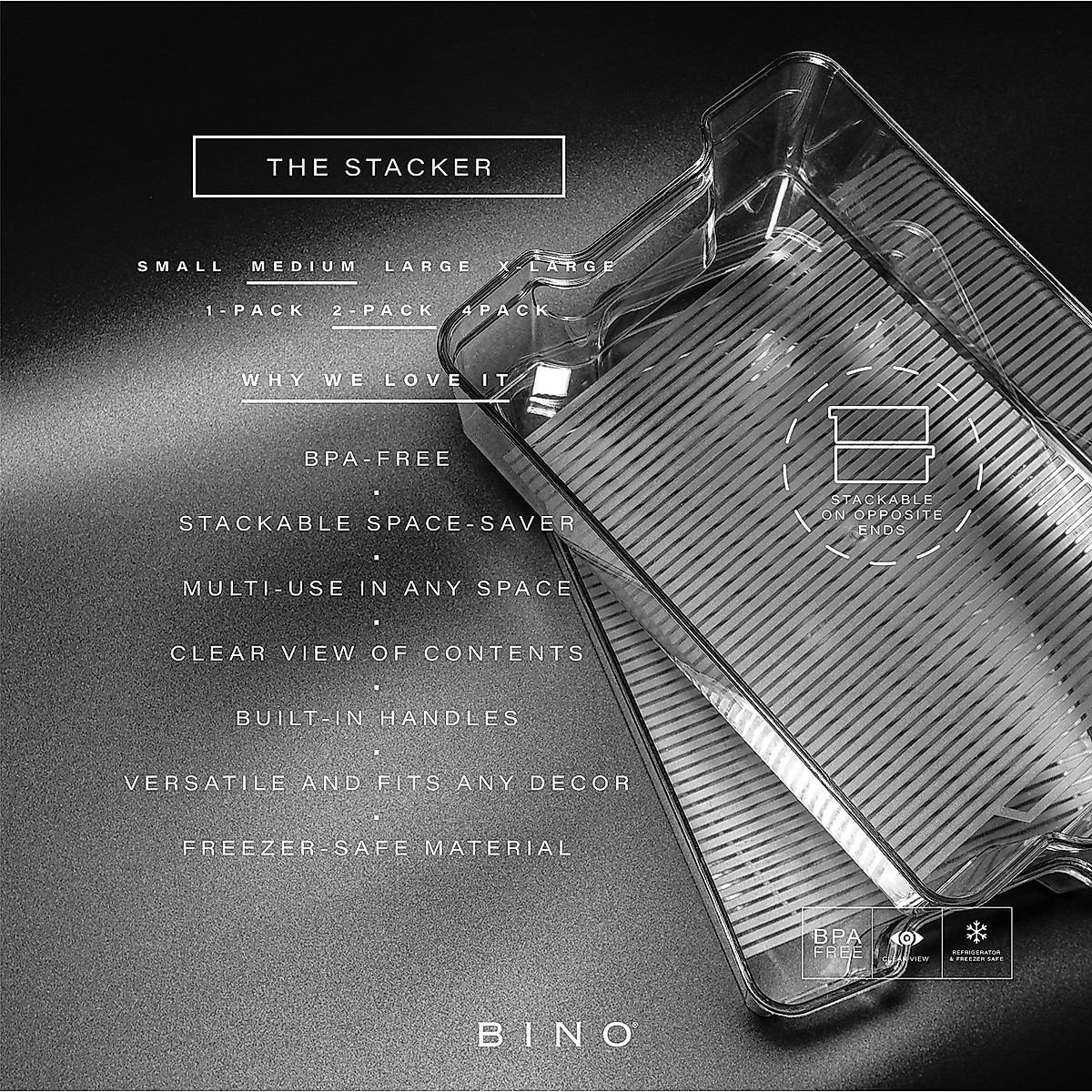 BINO | Stackable Storage Bins, Medium - 2 Pack THE STACKER COLLECTION Clear Plastic Built-In Handles BPA-Free Containers for Organizing Kitchen Pantry Multi-Use Organizer Bins