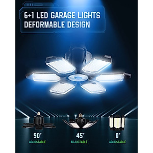 LIGHTNUM 6-Pack LED Garage Light, 16000Lm Deformable LED Garage Ceiling Light with 6 Adjustable Panels 6500k Led Shop Light Screw in E26/E27 Bulb Socket Compatible for Workshop Storage Room Basement
