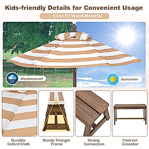 Kids Picnic Table Set with Benches and Umbrella, Foldable Wooden Table and Chair Set for Indoor and Outdoor Use, Playroom Furniture for Toddlers, Children, Baby (Brown)