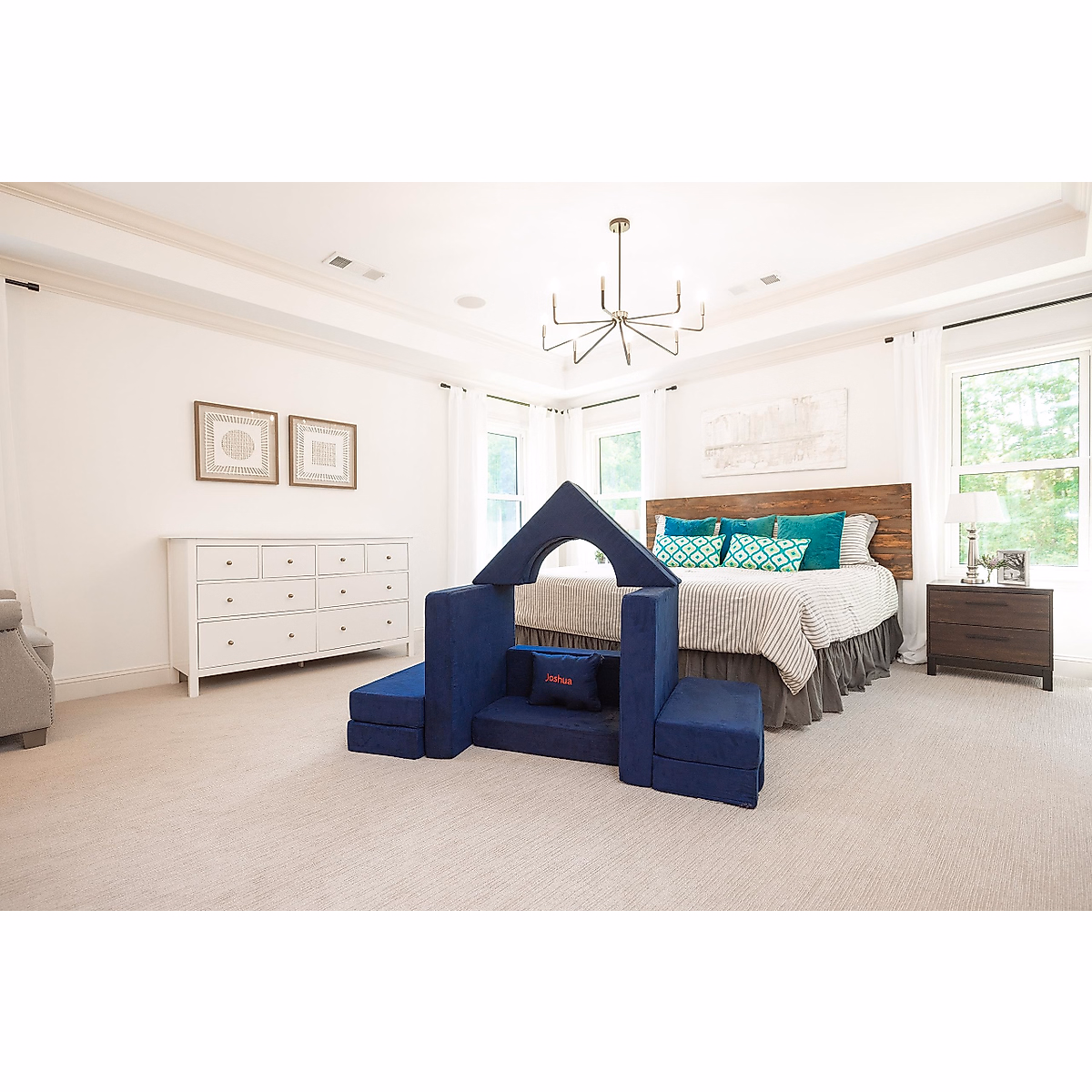 FOAMOH Castle Sofa Play Castle Sofa - Navy - 14-Piece Customizable Kids' Play Sofa for Imaginative Play & Easy Storage with personalizable Pillow