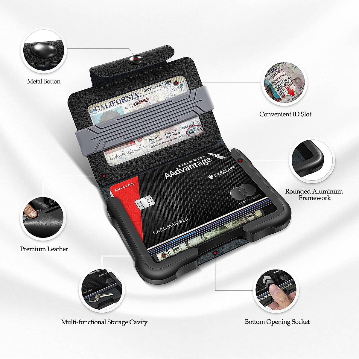 MURADIN Black Front Pocket Wallet for Men, Travel Tactical bifold RFID Blocking Aluminum Metal Leather Money Cards Holder, Ideal Men's Wallet with Band, Compatible with AirTag