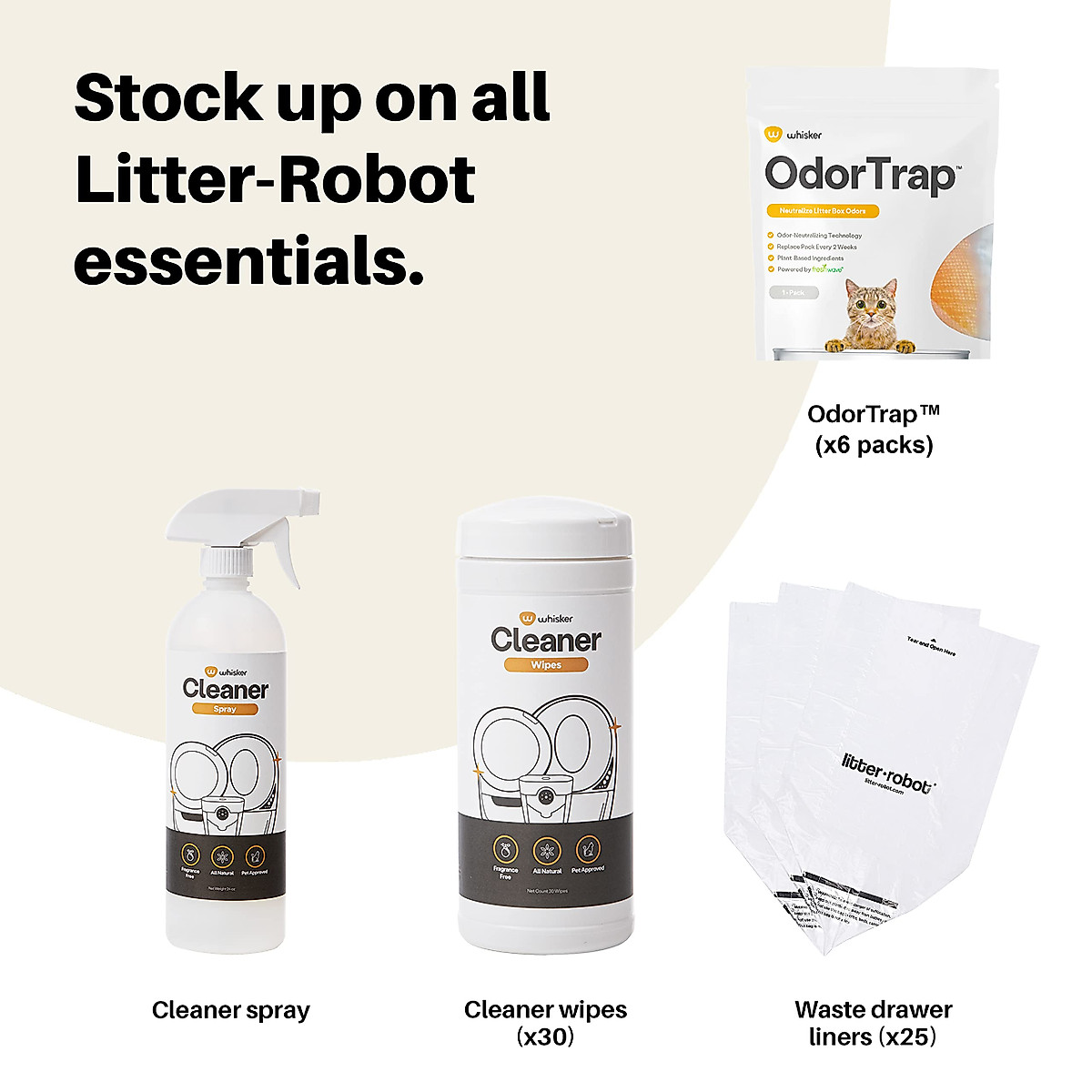 Litter-Robot Supply Kit by Whisker - Includes 30 Cleaner Wipes, 25 Waste Drawer Liners, Cleaner Spray & 6 OdorTrap Refill Packs, For Use with Litter-Robot, the Self-Cleaning Cat Litter Box