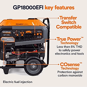 Generac 7706 GP18000EFI 18,000-Watt Gas-Powered Electric-Start Portable Generator with Cosense & EFI Engine, Transfer Switch Compatible