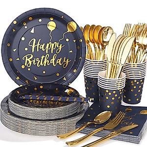 400 Pcs Blue and Gold Birthday Party Supplies Navy Blue Plates and Napkins Set for 50 Guests Gold Dot Paper Plates Napkins Cups Cutlery Set for Boy Birthday Party Decorations