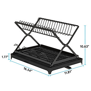 1Easylife Dish Drying Rack Collapsible: 2-Tier Dish Rack with Drainboard, Self Draining Dish Dryer for Kitchen Counter Rustproof, Foldable Utensil Drainer with Cup Holder Free Towel