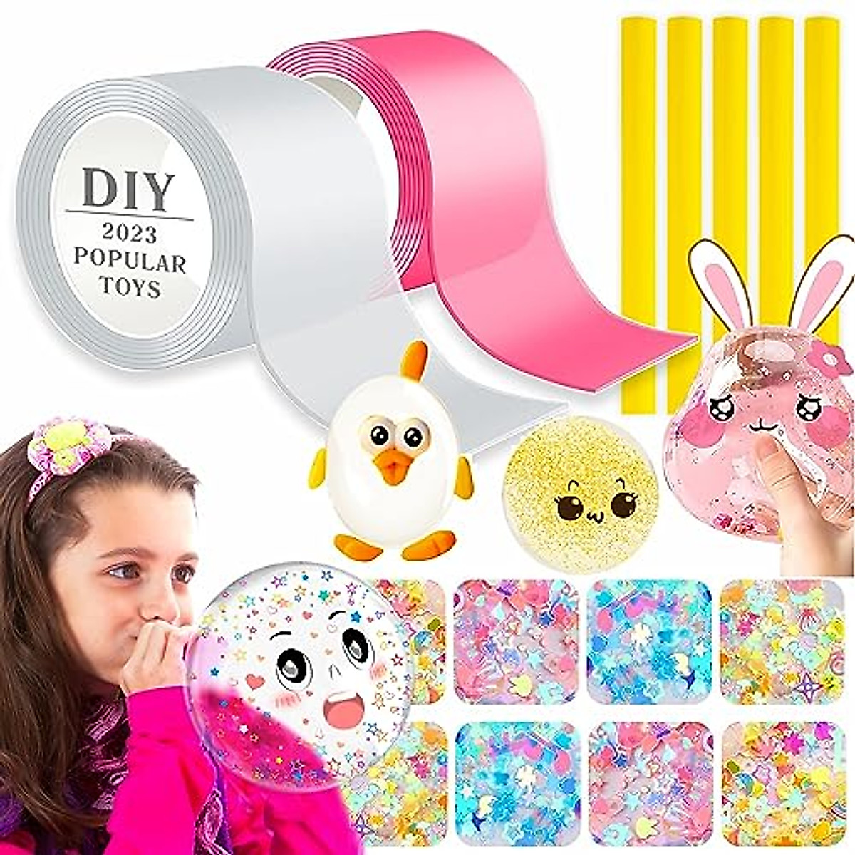 Nano Tape Bubble Kit for Kids,Nano Double Sided Adhesive Gel Grip Traceless Tape, Nano Magic Tape Bubbles,Nano Bubble Tape Toy Kit Glitter,13.5 FT × 2inch,DIY for Kids Party Favor Gifts Popular Toys