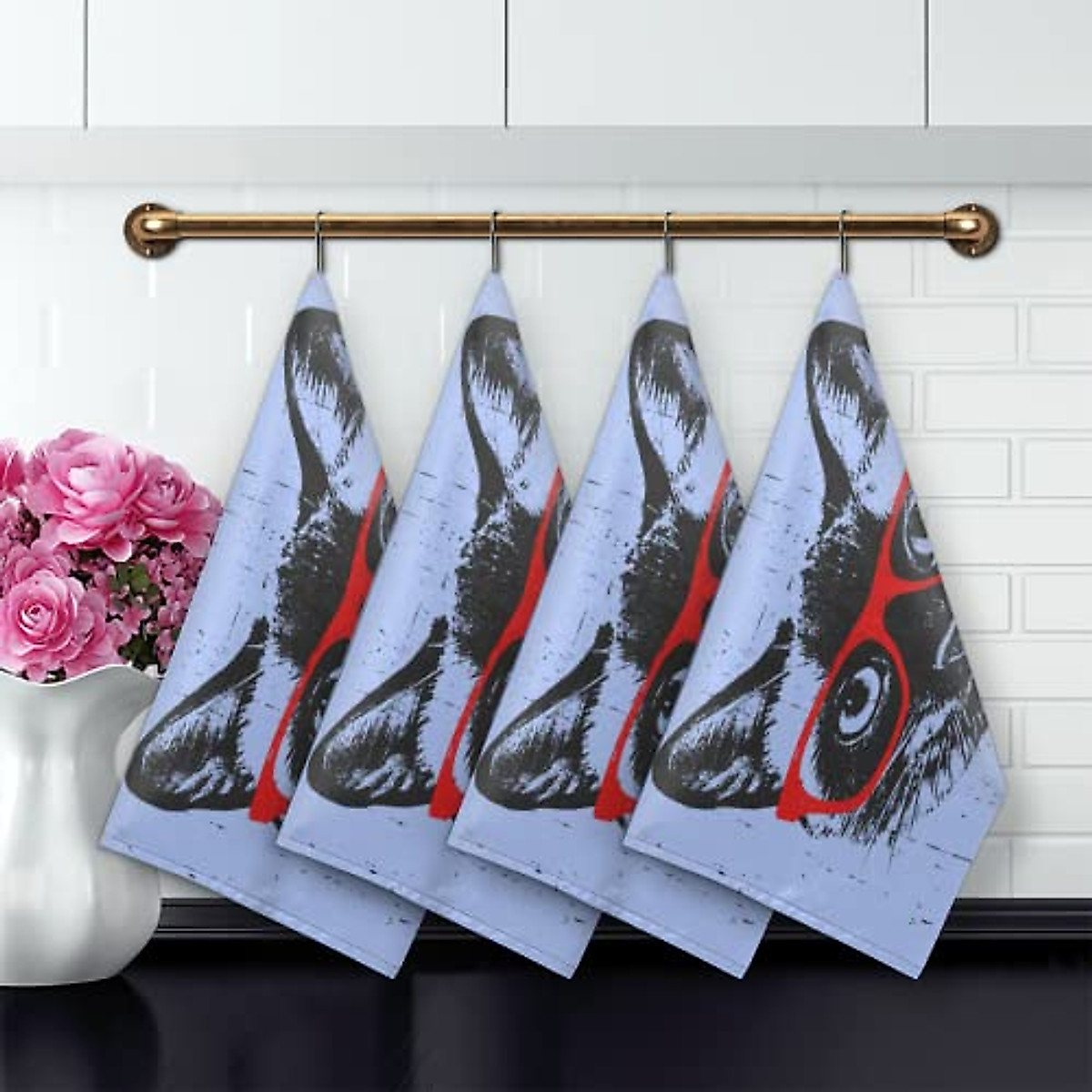 Cat Face Glasses Kitchen Towels and Dishcloths Set of 4-17.7" x 28.3" Absorbent Dish Towels with Hanging Loop Hand Towel for Farmhouse Bar Towels & Tea Towels