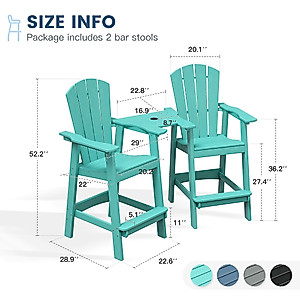 DIFY Outdoor Tall Adirondack Bar Set of 2, Patio Bar Stools with Umbrella Hole, HDPE Bar Height Chair Set for Deck Lawn Garden and Pool, Lake Blue