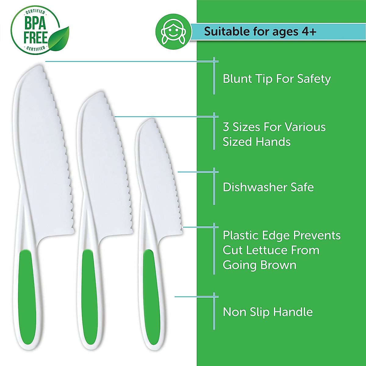 Ragazzacucine Kids Knife Set of 3 - Firm Grip, Serrated Edges & Safe – Colorful Nylon Toddler Cooking Knives to Cut Fruits, Salad, Cake, Lettuce (Green)